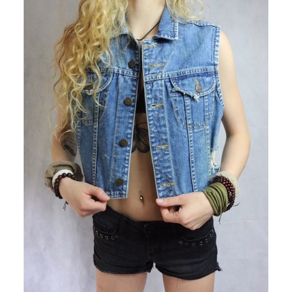 Vintage | Jackets & Coats | Vintage Slash Cut Back Denim Jean Crop Vest ...